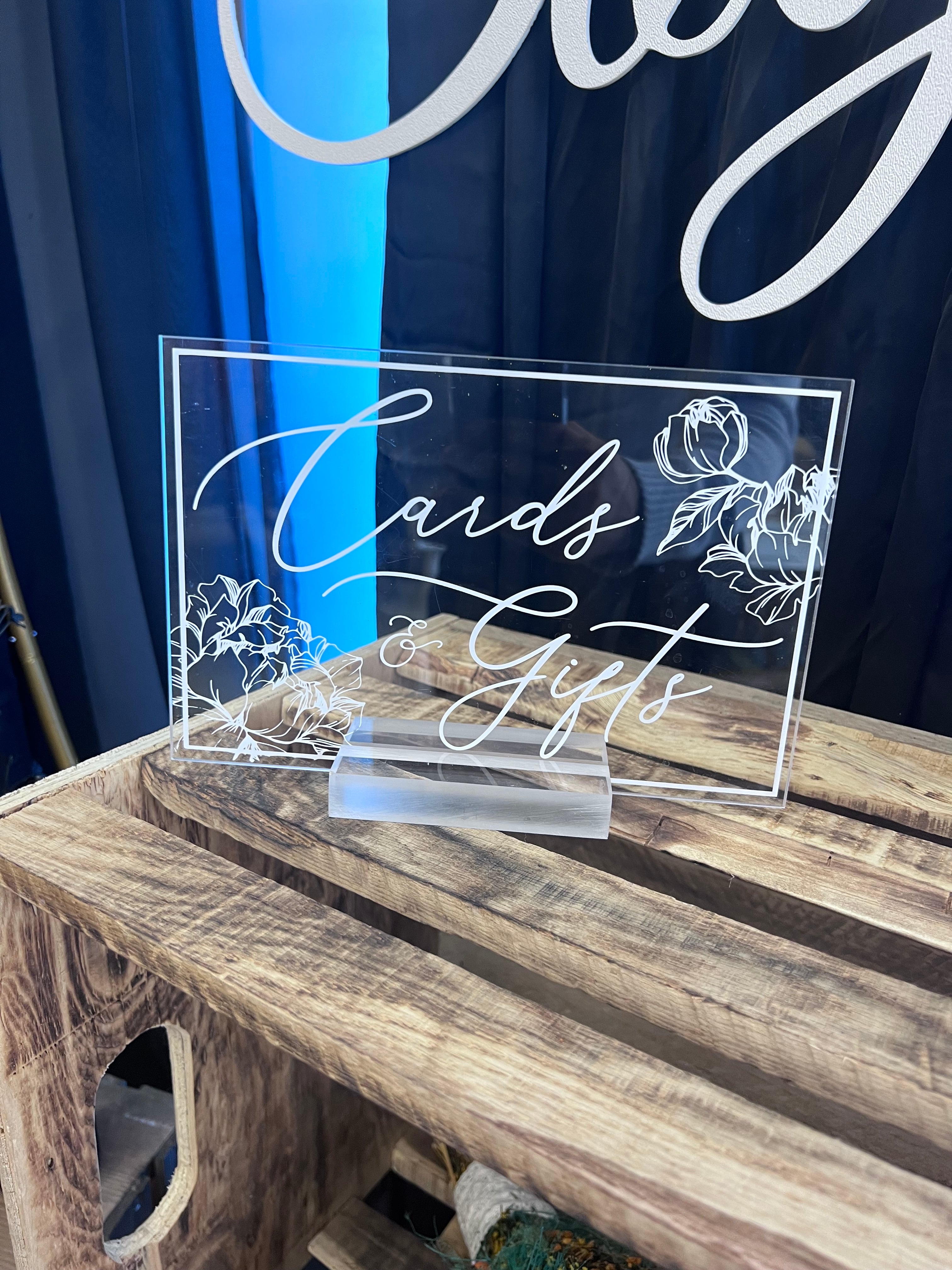 "Cards & Gifts" Acrylic Sign (flower design) – Infinity Events & Decor